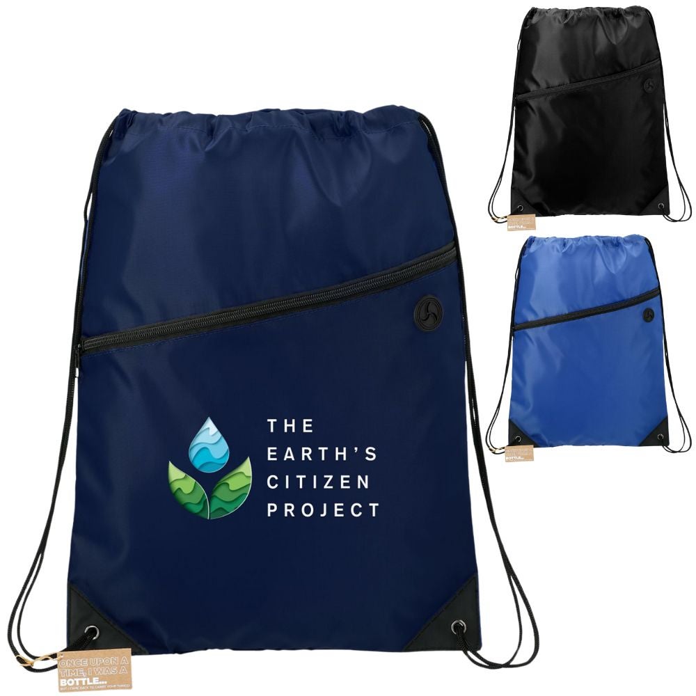 100% Recycled rPET Drawstring Bag with Pocket | 18x13 | Eco Promotional Products